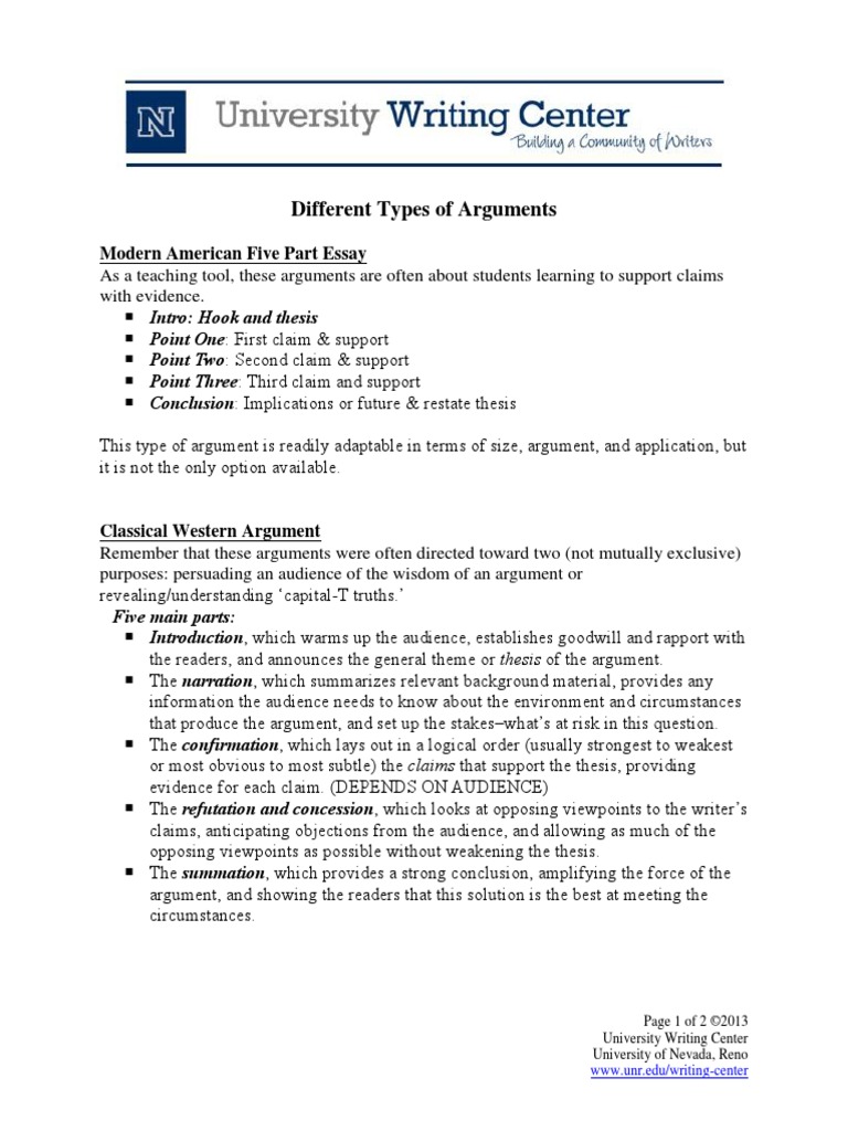 Different Types of Arguments: Modern American Five Part Essay | PDF ...