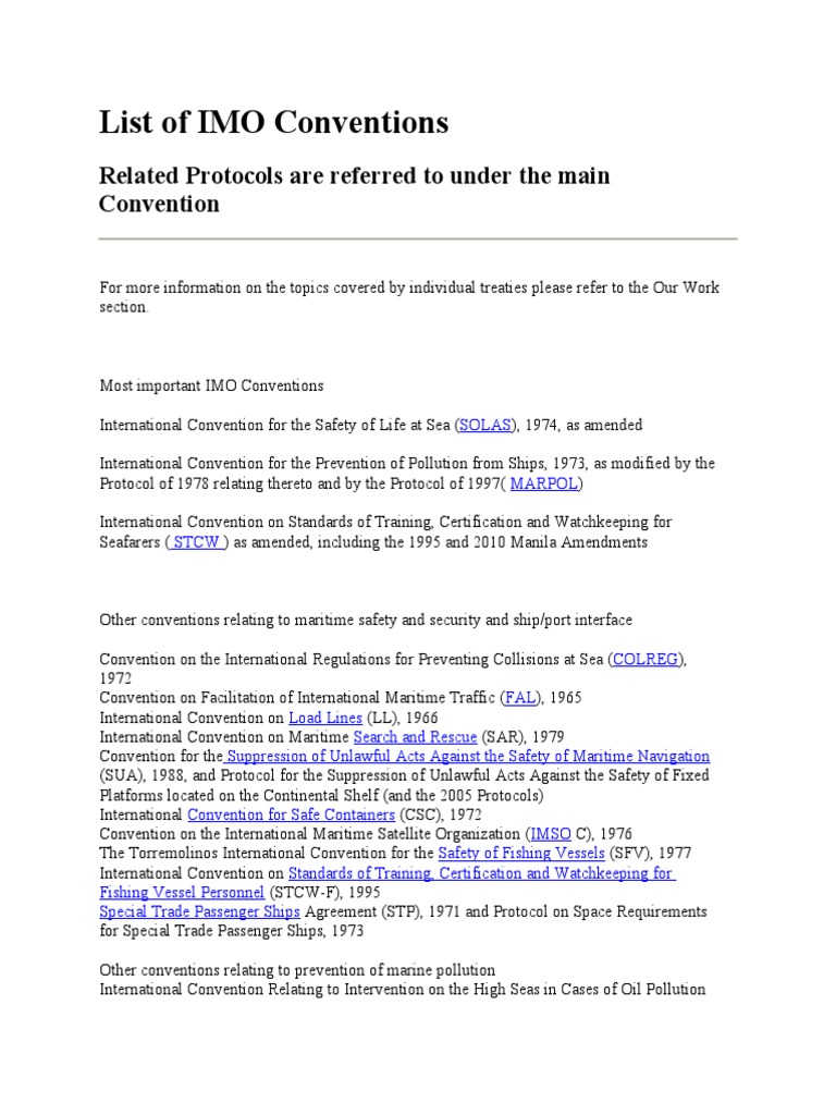 LIST OF Imo CONVENTIONS | PDF | Water Transport | Waterway And Maritime