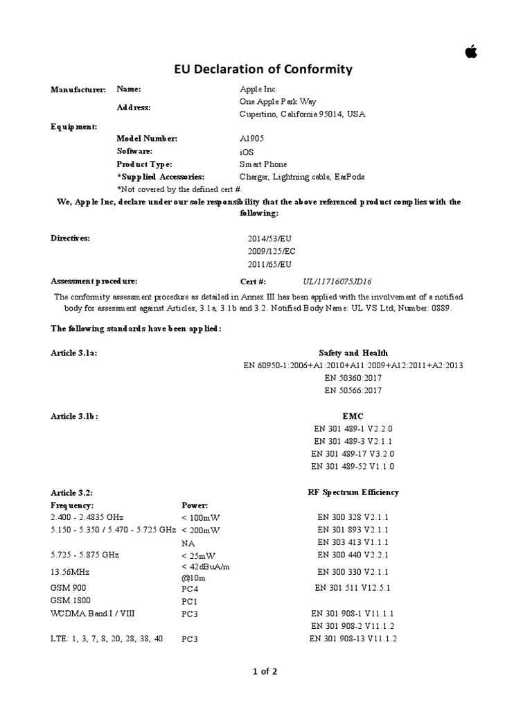 EU Declaration of Conformity: UL/11716075JD16 | PDF | Apple Inc ...