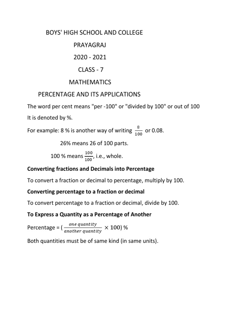 Class 7 Mathematics Percentage PDF | PDF | Percentage | Fraction ...