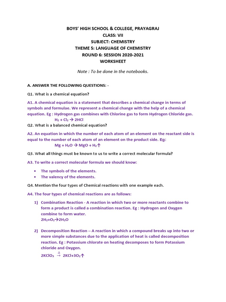 Language of Chemistry Worksheet Class 7 | PDF | Chemical Reactions ...
