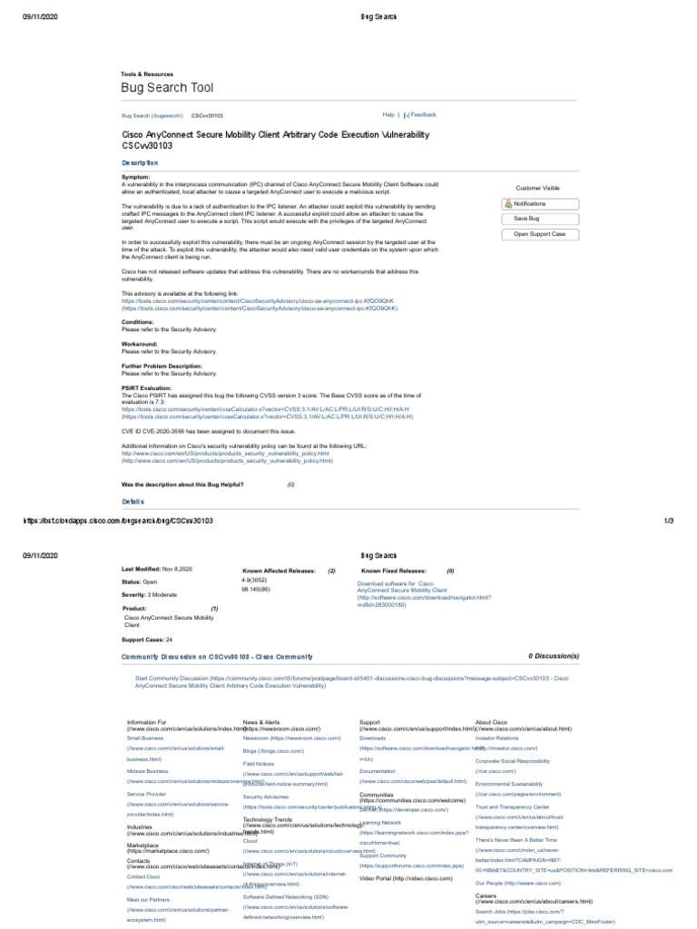 Bug Search Tool: Cisco Anyconnect Secure Mobility Client Arbitrary Code Execution Vulnerability ...