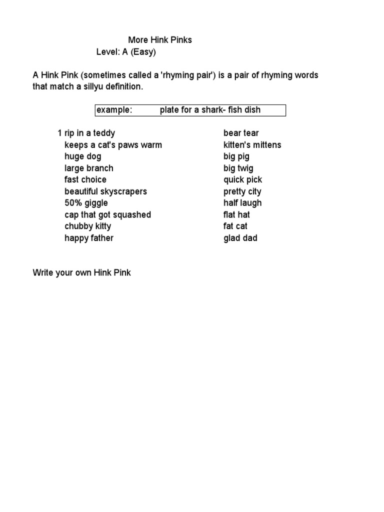 Hink Pinks: Fun Rhyming Pairs for Kids | PDF