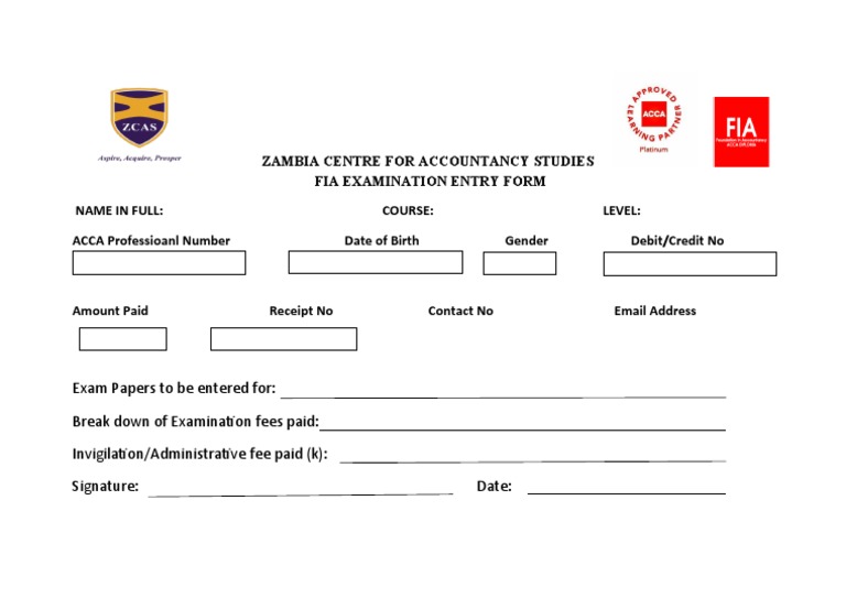 ZCAS-FIA Exam Entry Form | PDF