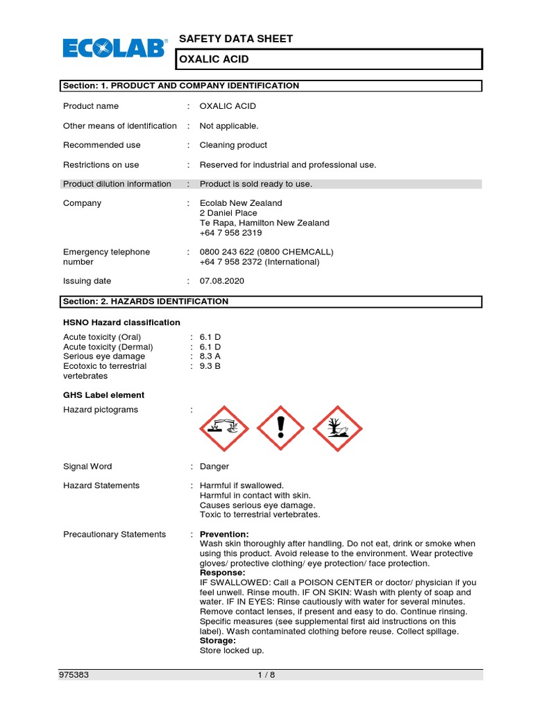Safety Data Sheet Oxalic Acid: Section: 1. Product and Company ...