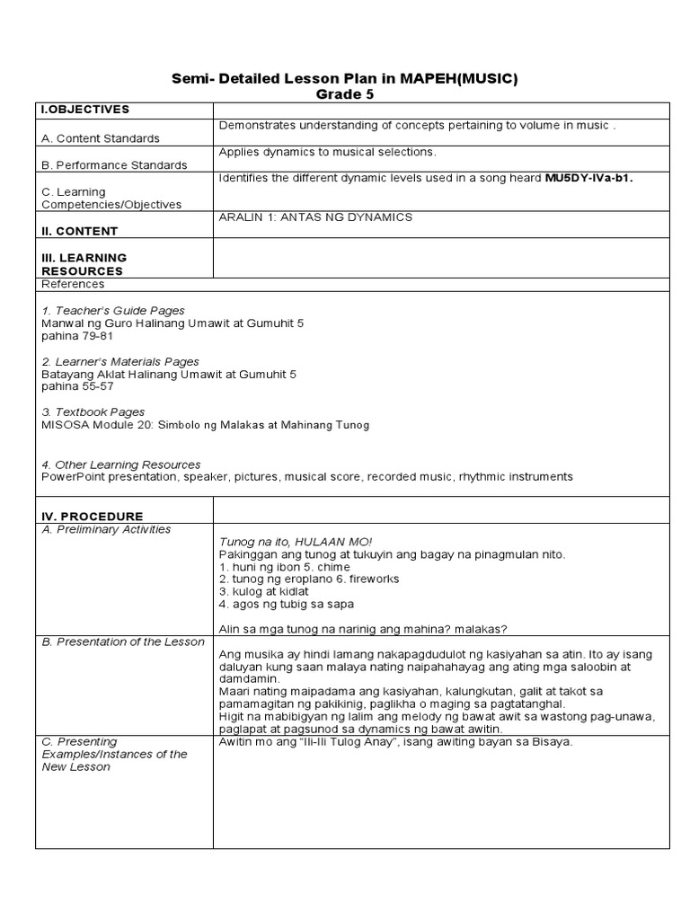 Semi - Detailed Lesson Plan in MUSIC by KArl | PDF