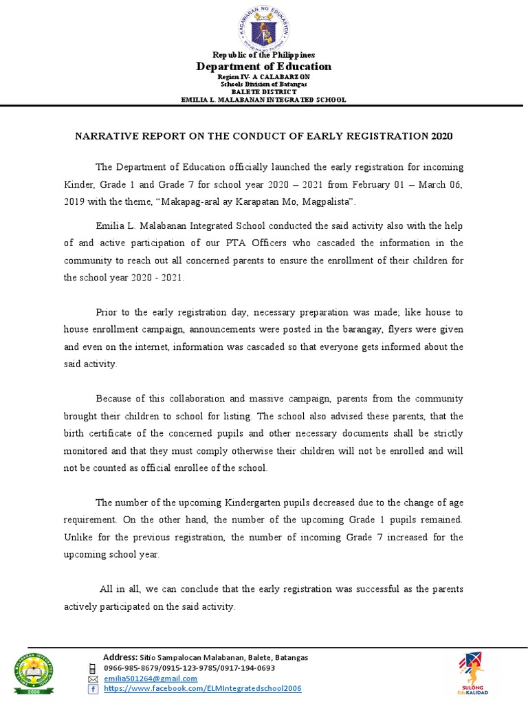 Department of Education: Narrative Report On The Conduct of Early ...