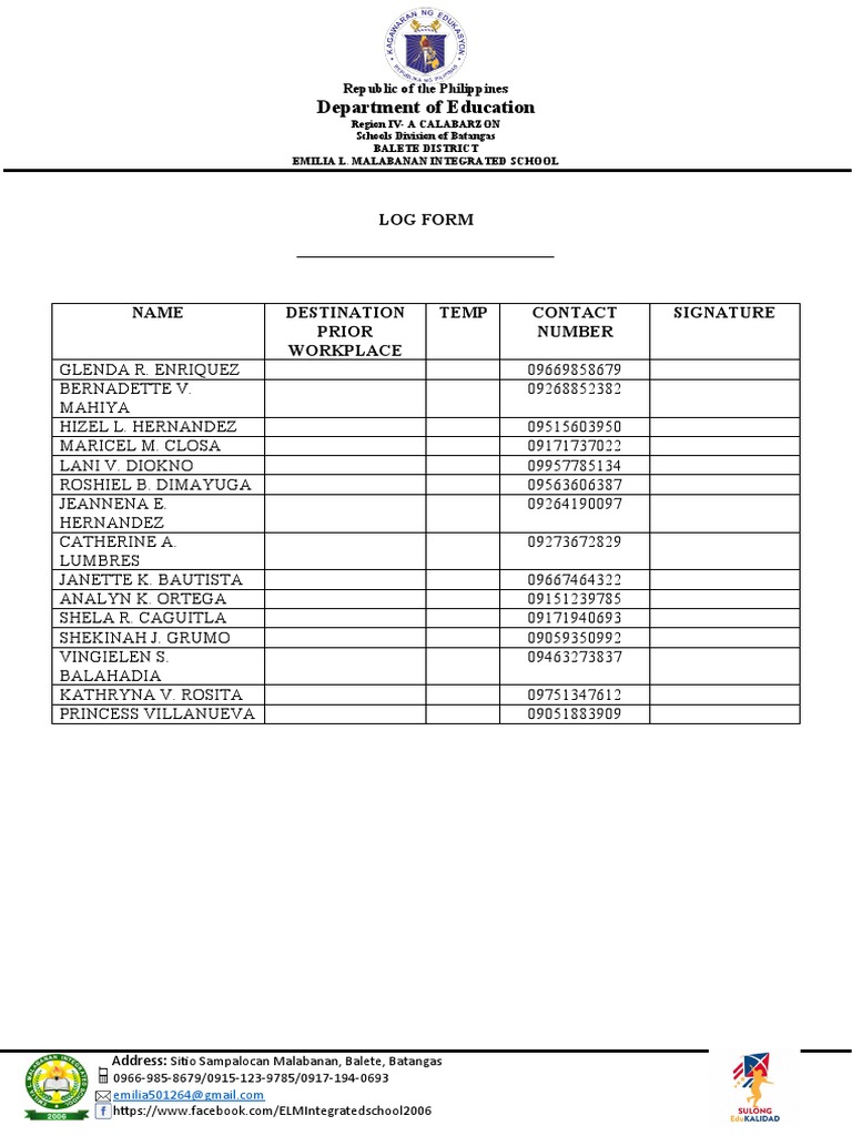 Department of Education: Log Form | PDF