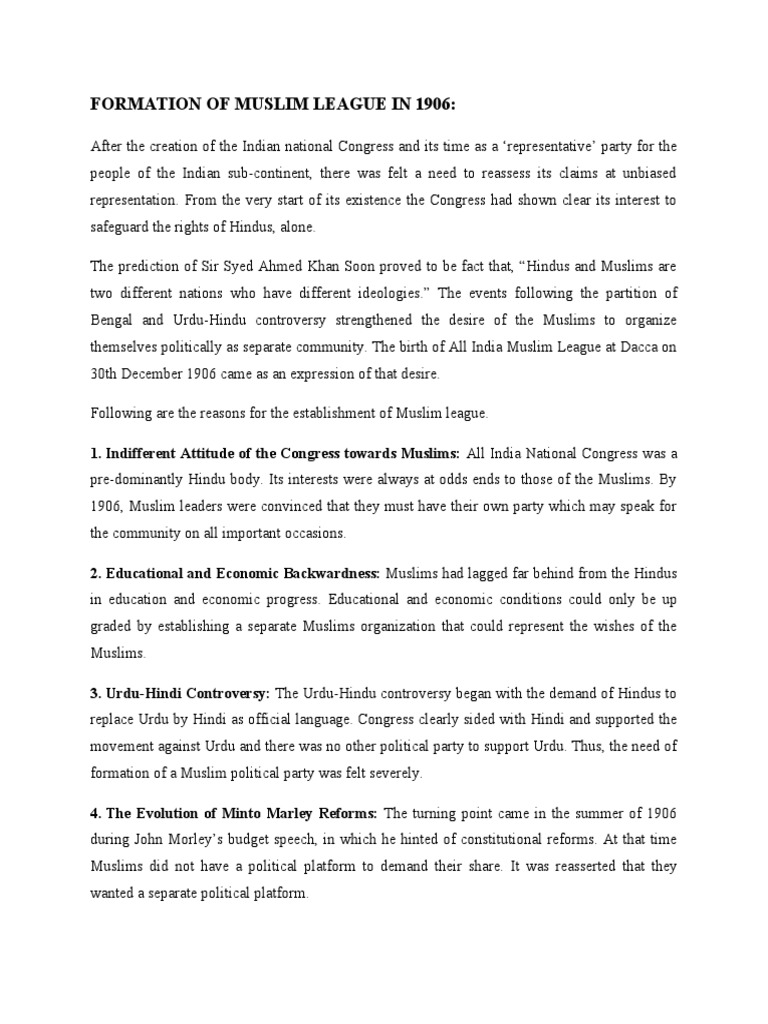 Formation Of Muslim League In 1906 Pdf All India Muslim League Asia