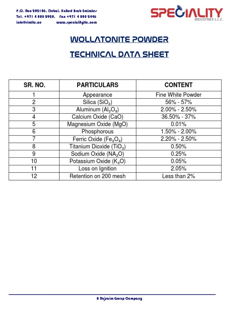 Wollatonite Powder Technical Data Sheet: Sr. No. Particulars Content | PDF