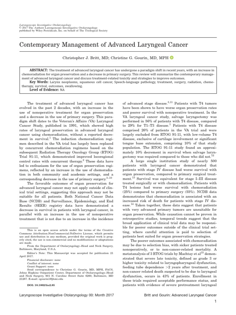 Contemporary Management of Advanced Laryngeal Canc | PDF | Head And Neck Cancer | Radiation Therapy