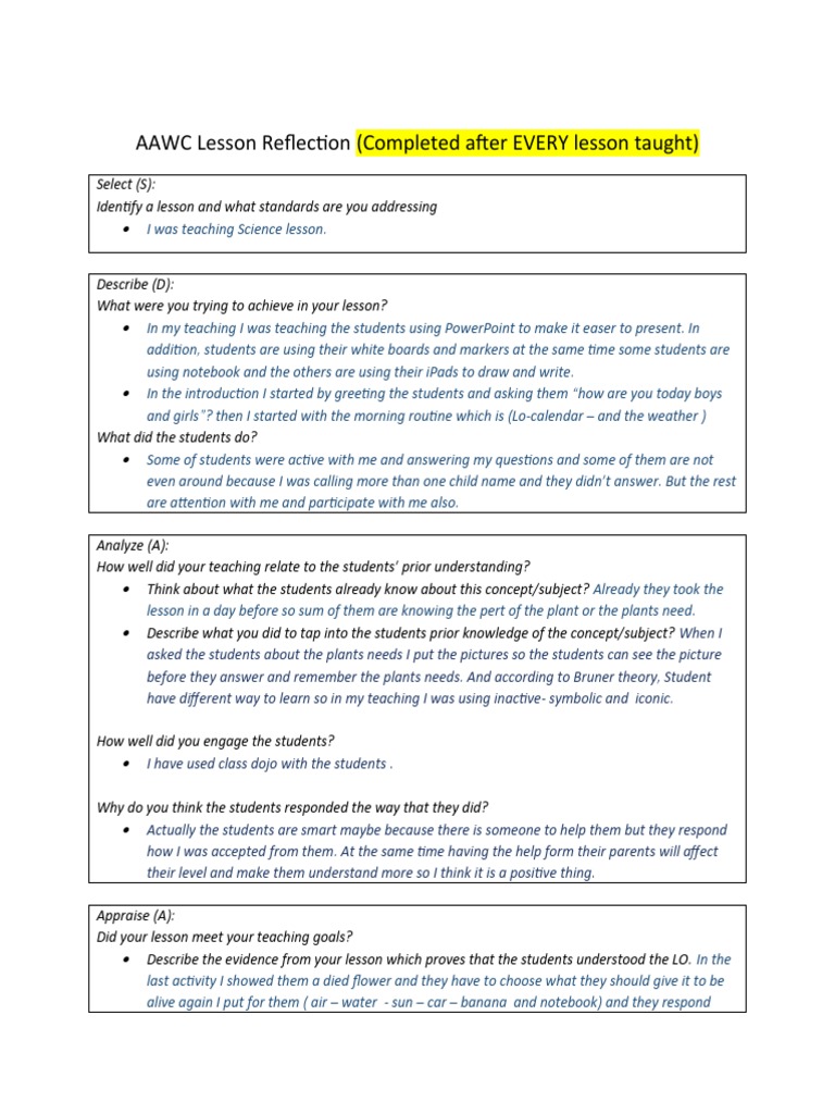 Science Lesson Reflection | PDF | Applied Psychology | Cognition