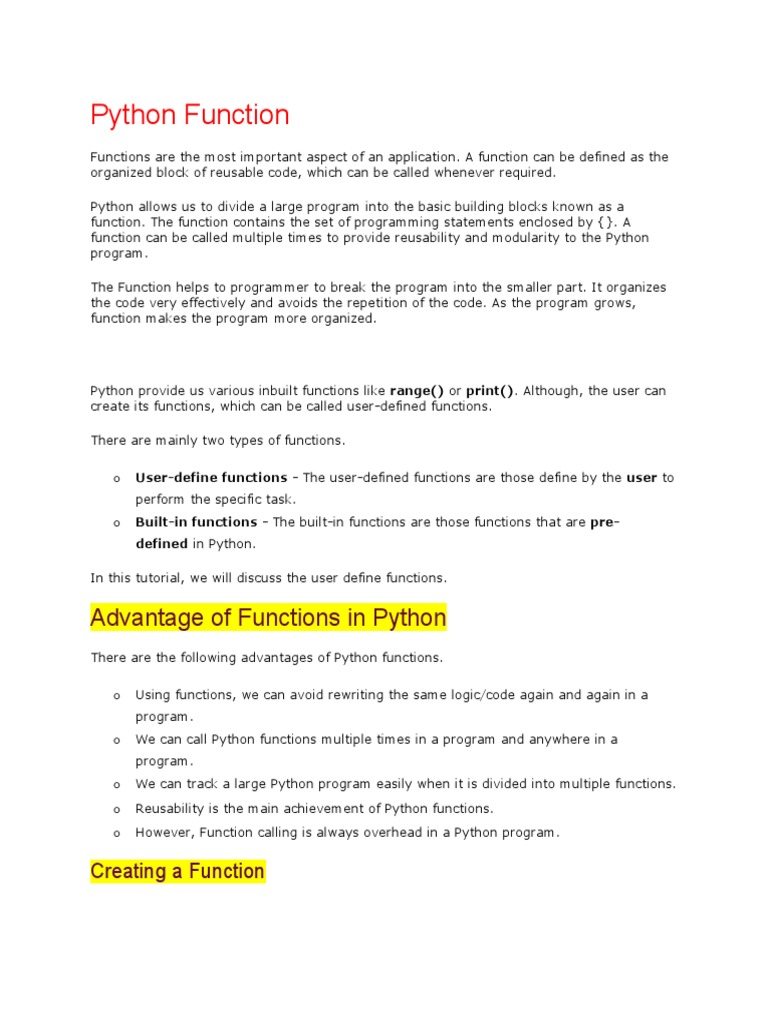 Python Function Advantage Of Functions In Python Pdf Parameter Computer Programming
