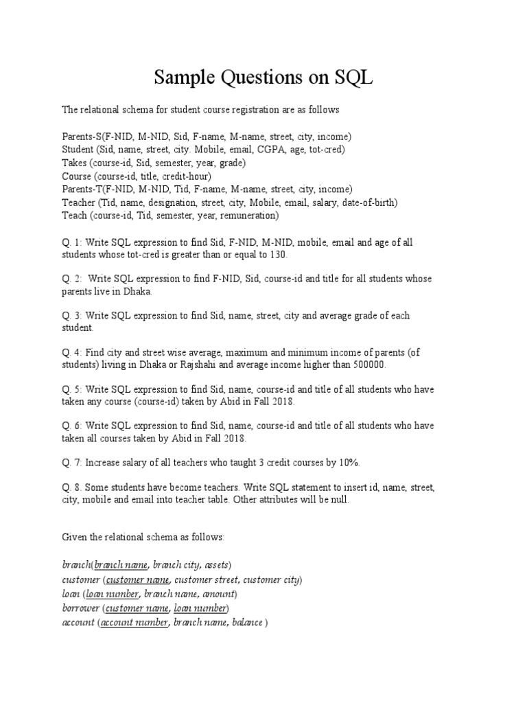 Sample Question On SQL | PDF | Relational Model | Data Management