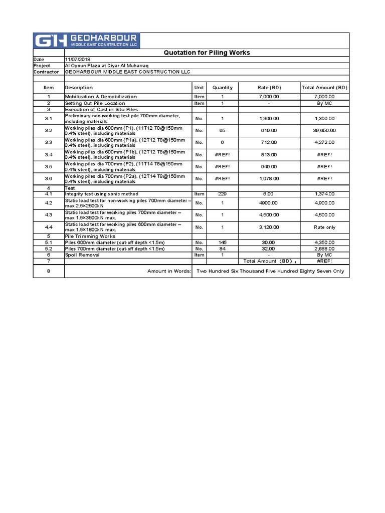 Piling Works Quotation for Al Oyoun Plaza | PDF | Deep Foundation ...