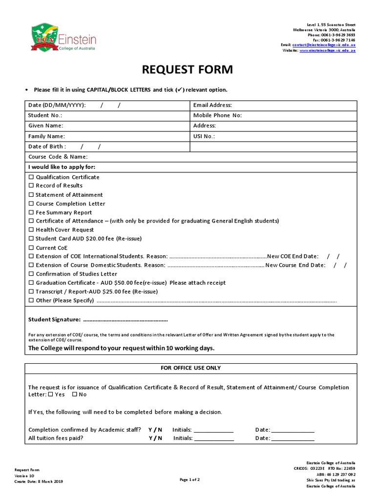 Request Form: Please Fill It in Using CAPITAL/BLOCK LETTERS and Tick ...