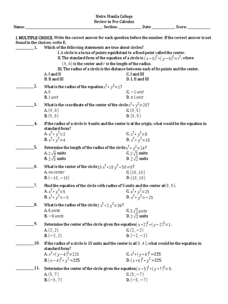 Reviewer In Pre Calculus Download Free Pdf Ellipse Mathematical