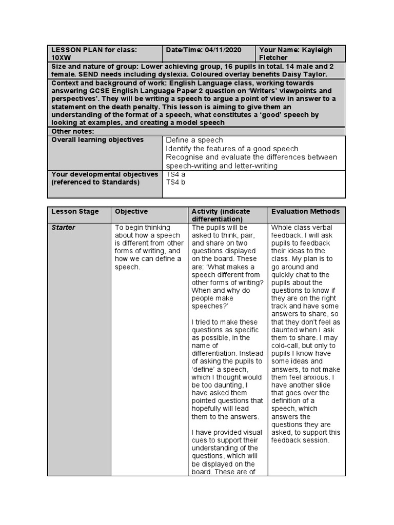 Lesson Plan Template Speech 10XENW | PDF | Lesson Plan | Speech