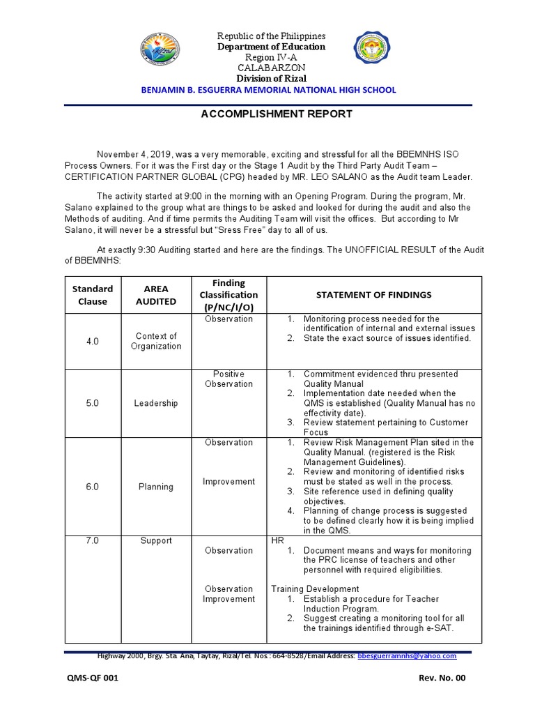 ISO Level 1 Auditing Accomplishment Report | PDF | Quality Management ...