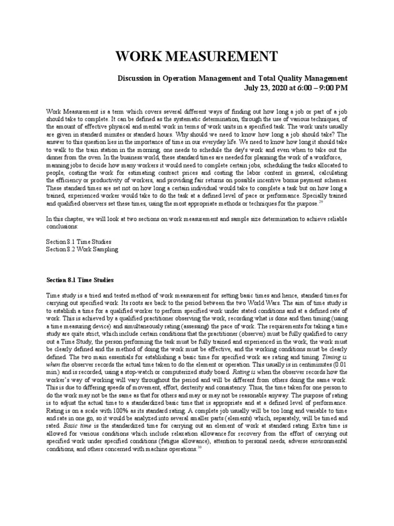 Work Measurement TQM | PDF | Sample Size Determination | Statistics