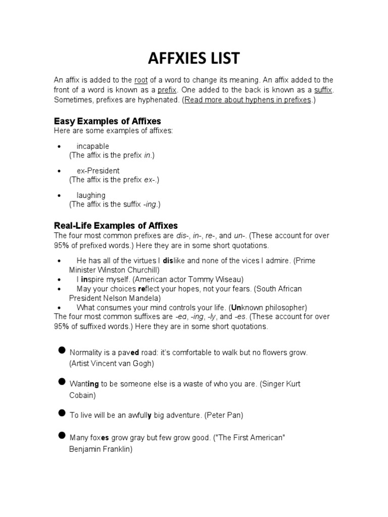 Affixes List: Prefixes and Suffixes Explained | PDF | Verb | Adjective
