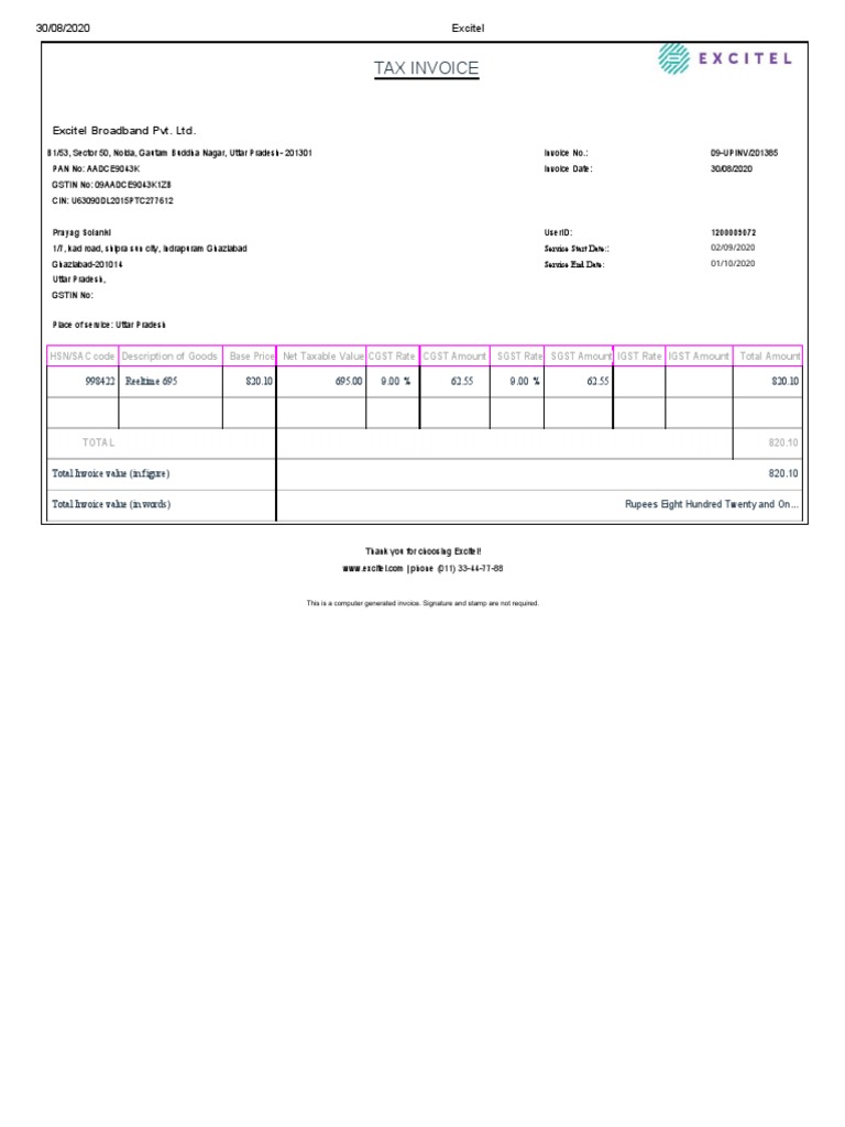 Tax Invoice: Excitel Broadband Pvt. LTD | PDF | Government Finances ...