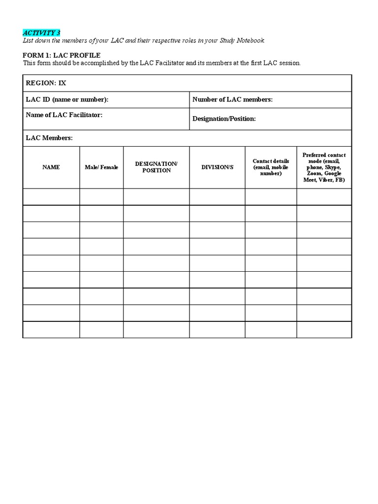 This Form Should Be Accomplished by The LAC Facilitator and Its Members ...