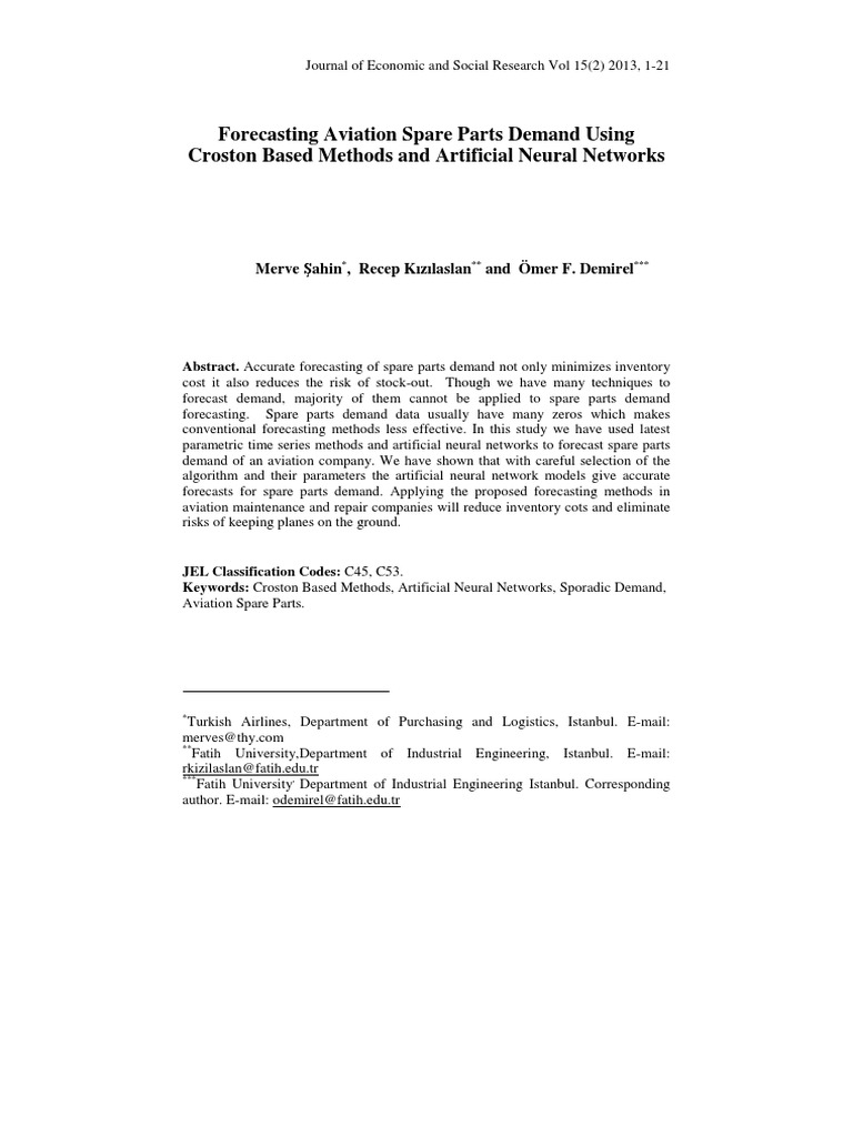Forecasting Aviation Spare Parts Demand Using Croston Based Methods And Artificial Neural