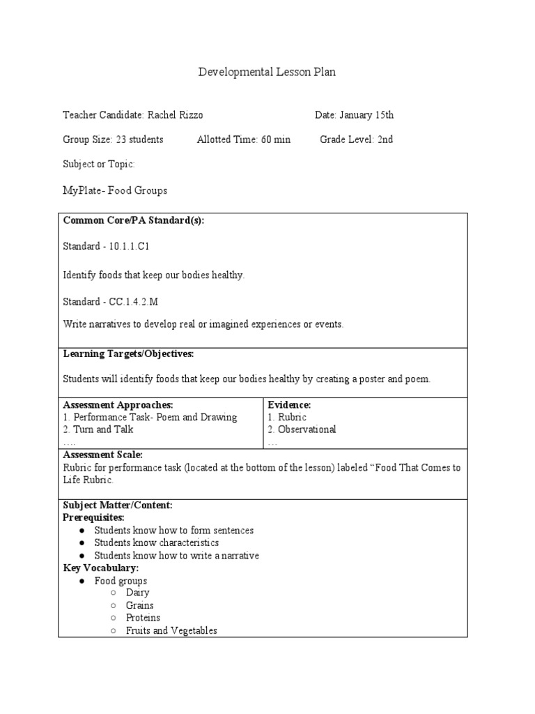 Developmental Lesson Plan: Myplate-Food Groups | PDF | Nutrients | Foods