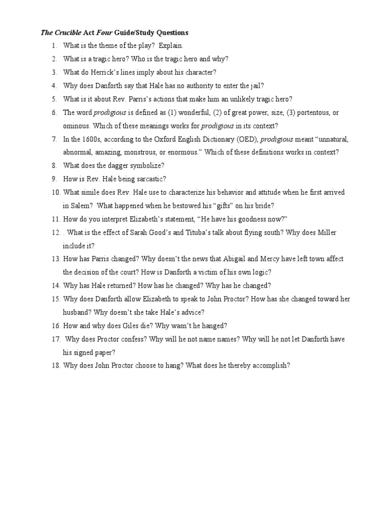 The Crucible Act Four Guide/Study Questions | PDF