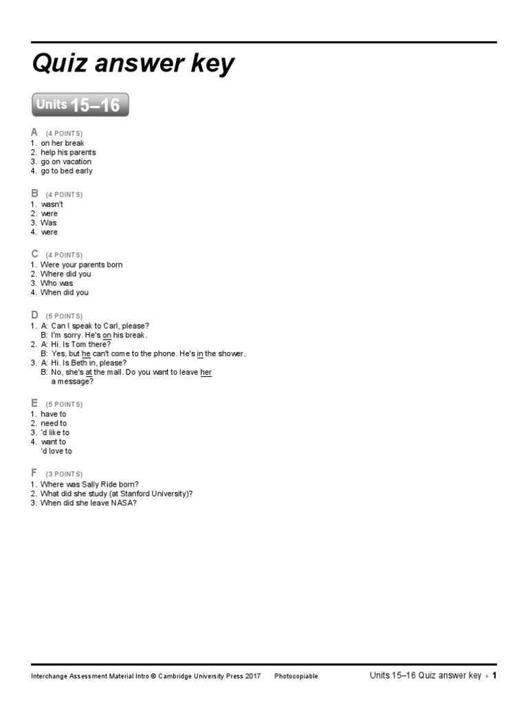 Quiz answer key Units 15-16 | PDF