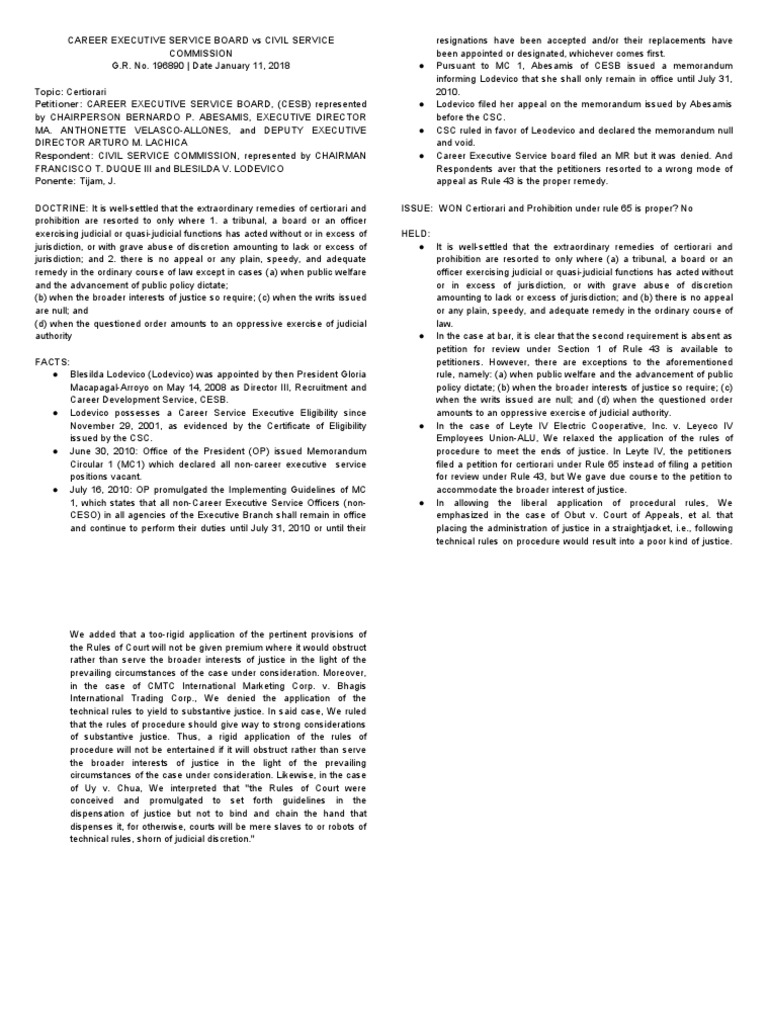 CESB vs CSC: Certiorari Ruling Explained | PDF | Certiorari | Courts