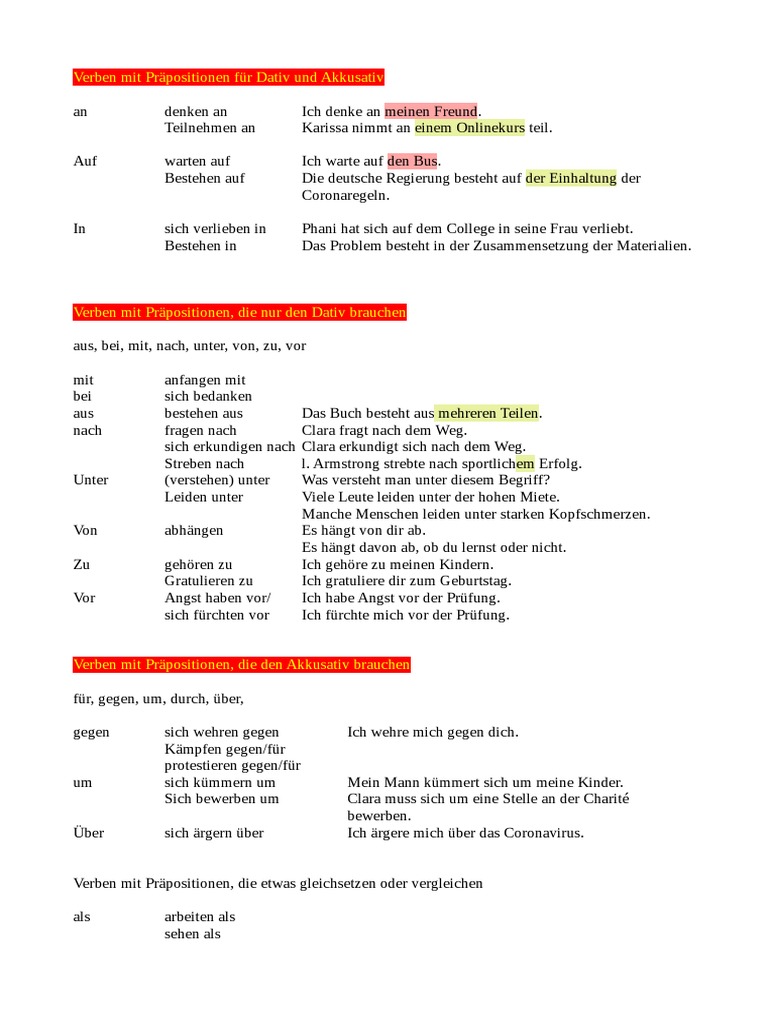 Einheit 5 Verben Mit Festen Prpositionen Regeln Liste Die 10