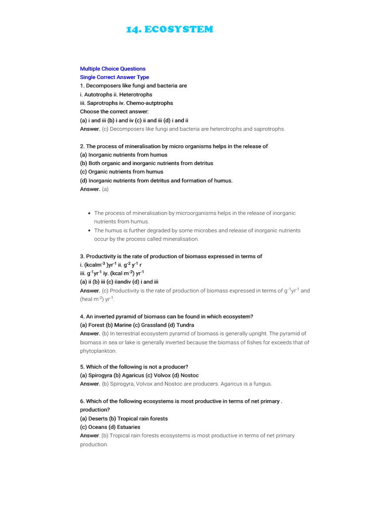 Ecosystem: Multiple Choice Questions Multiple Choice Questions Single Correct Answer Type Single ...