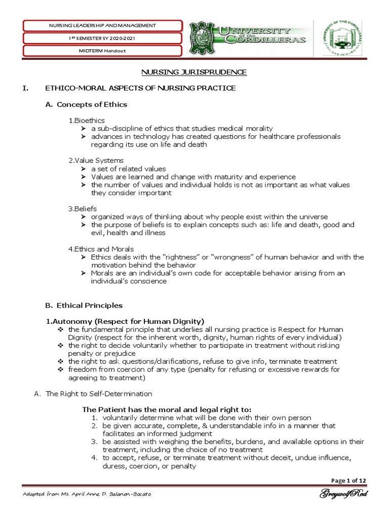 Nursing Jurisprudence I. Ethico-Moral Aspects of Nursing Practice A ...