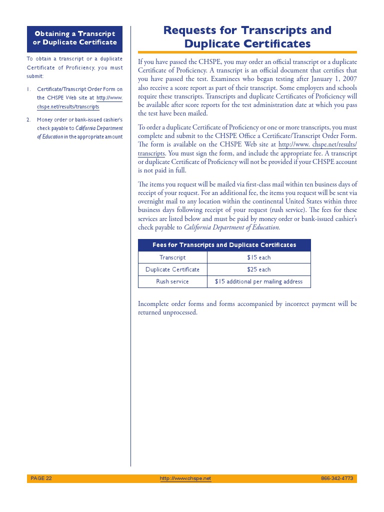 CHSPE Form Certificate Transcript Order | PDF | United States Postal ...