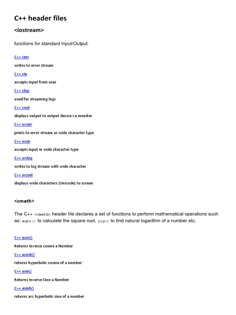 A Comprehensive Guide to C++ Header Files and Their Key Functions for Input/Output, Mathematics ...