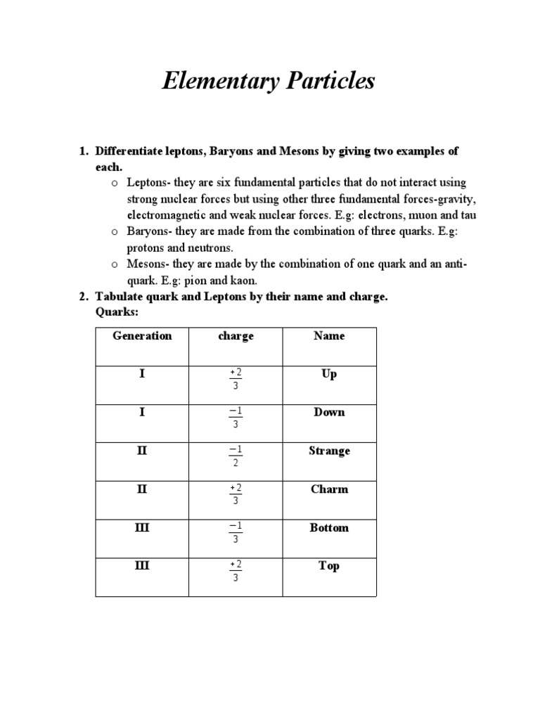 Elementary Particles: 1. Differentiate Leptons, Baryons and Mesons by ...