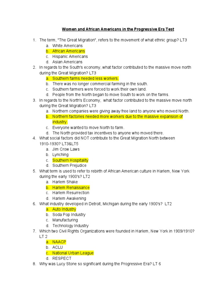 Women and African Americans in The Progressive Era Post Test | PDF ...