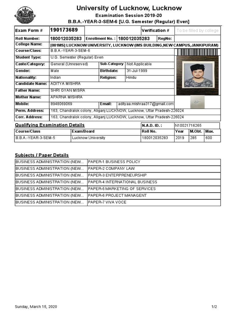 Bba 6th Sem Exam Form | PDF