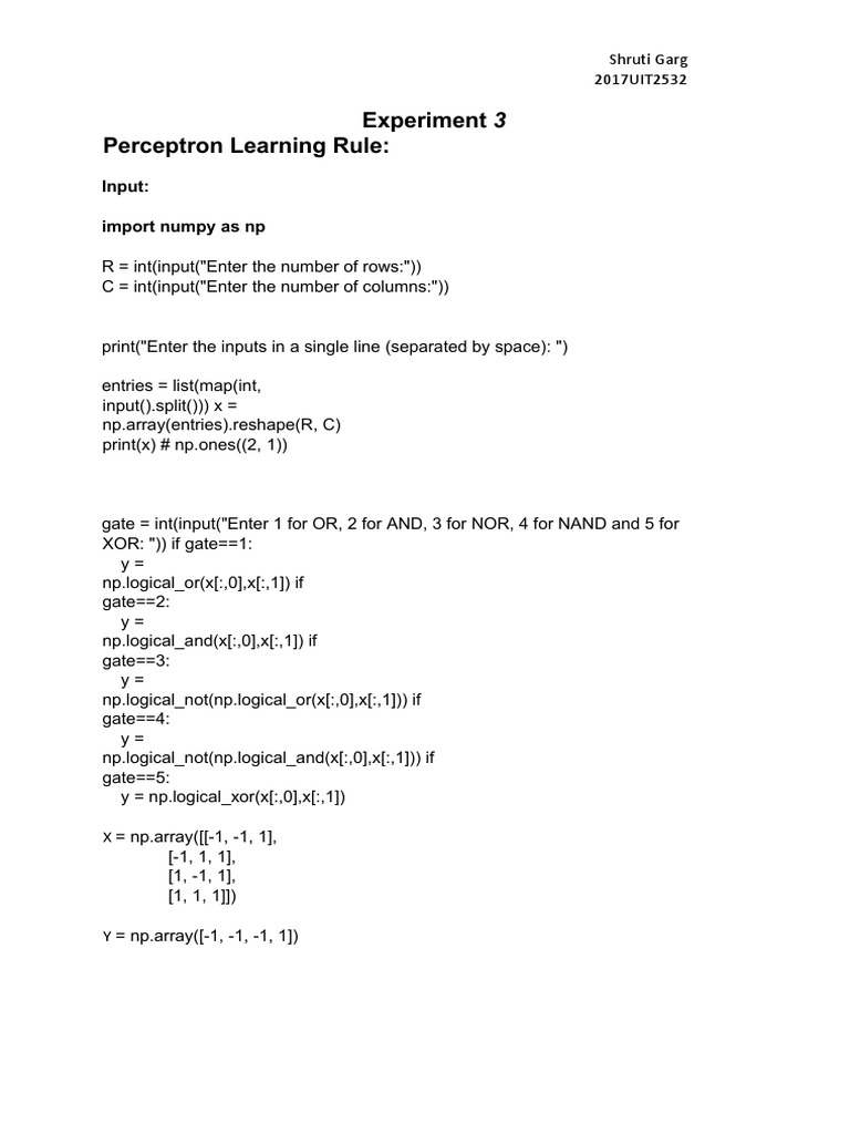 Experiment 3 Perceptron Learning Rule:: Input: Import Numpy As NP | PDF