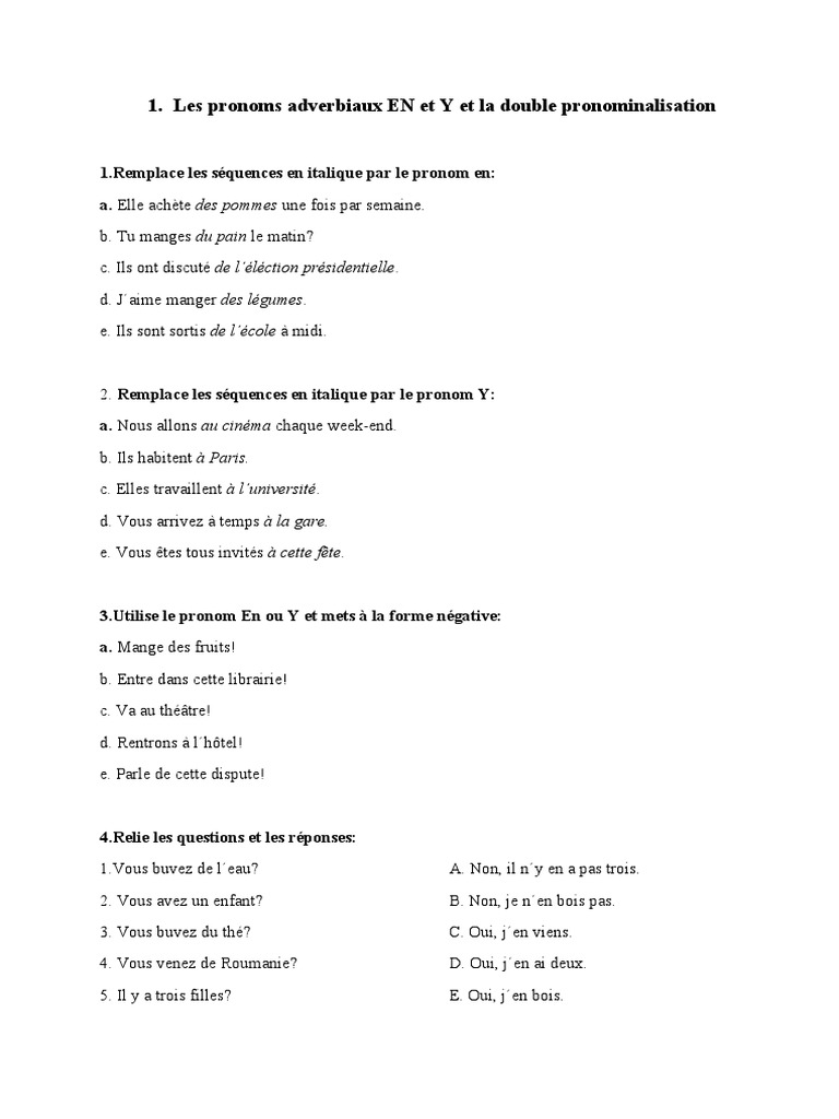 Pronoms adverbiaux EN et Y : Exercices | PDF | Livres de cuisine ...