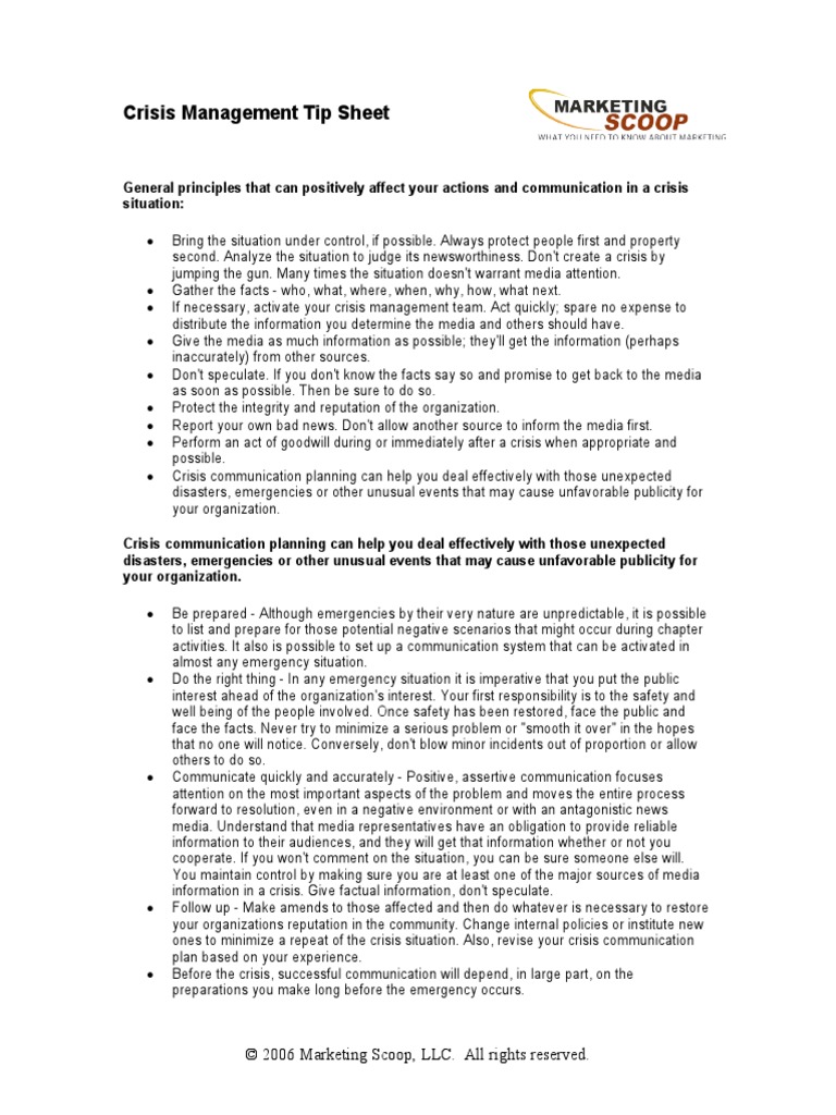 Crisis Management Tip Sheet | PDF | Crisis Management | Emergency