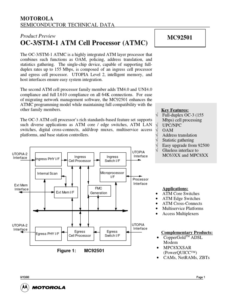 OC-3/STM-1 ATM Cell Processor (ATMC) : Product Preview | PDF | Asynchronous Transfer Mode ...