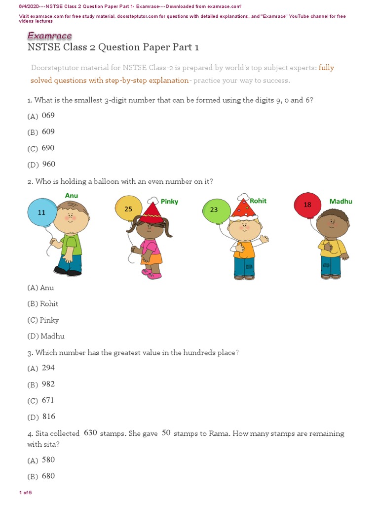 Class 2 NSTSE Practice Paper | PDF | Faq | Learning