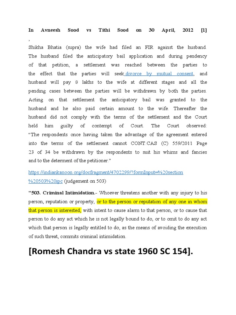 (Romesh Chandra Vs State 1960 SC 154) .: in Avneesh Sood Vs Tithi Sood ...