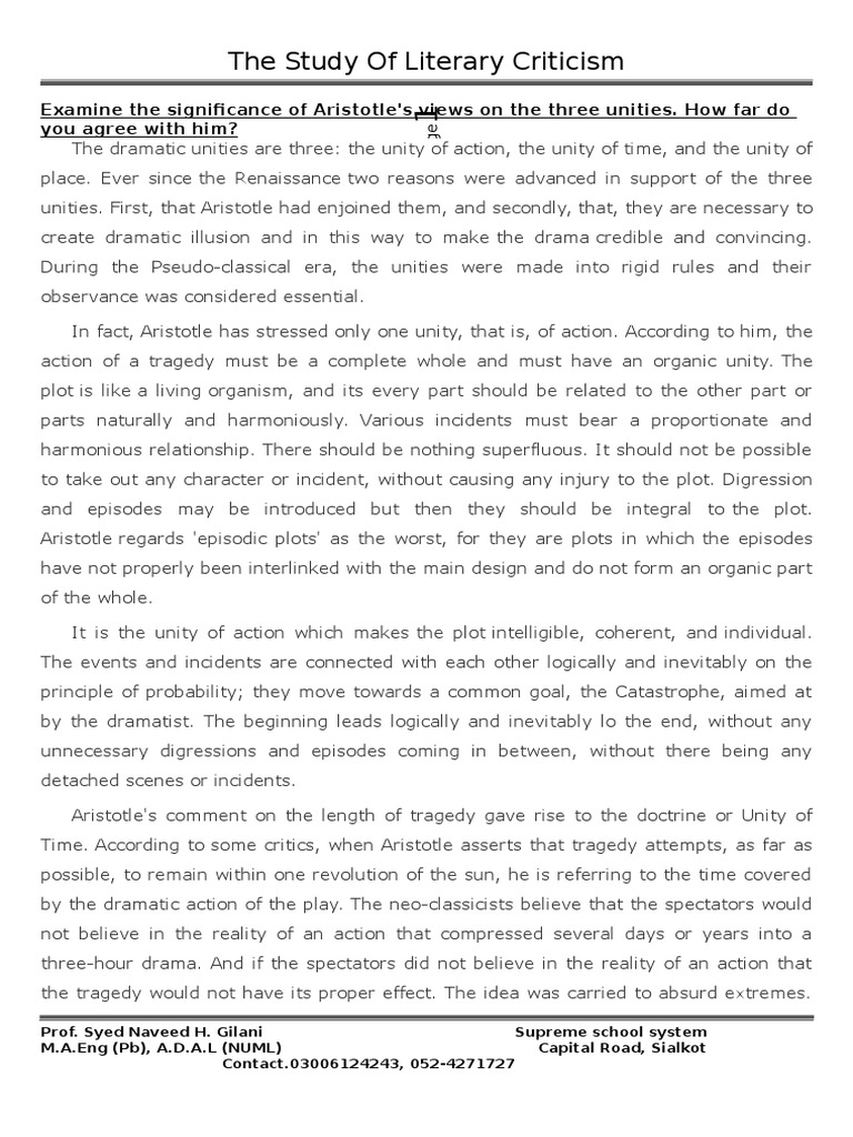 Aristotle's Three Unities and Literary Criticism | PDF | Tragedy ...