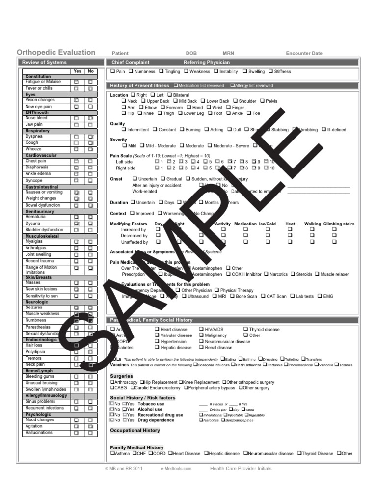 Orthopedic Evaluation MedicalTemplate | PDF | Edema | Orthopedic Surgery