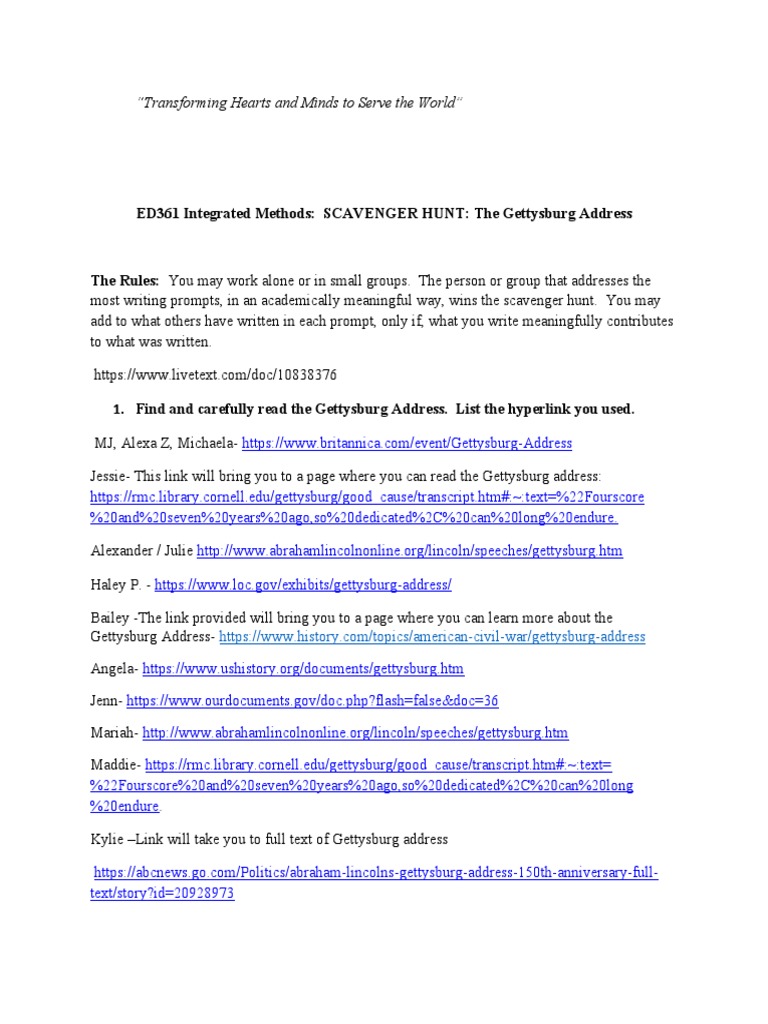 Scavenger Hunt The Gettysburg Address 2 | PDF | American Civil War ...