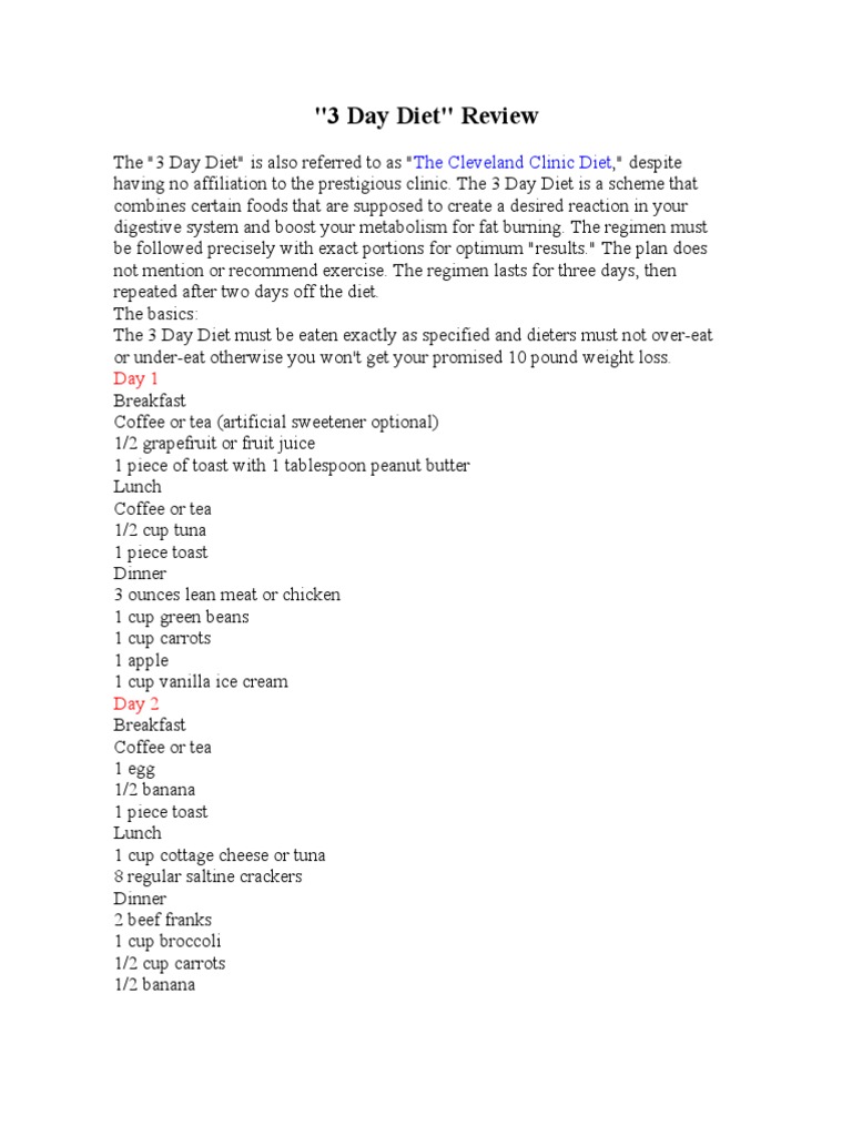 Cleveland Clinic 3-Day Diet Plan | PDF | Obesity | Weight Loss